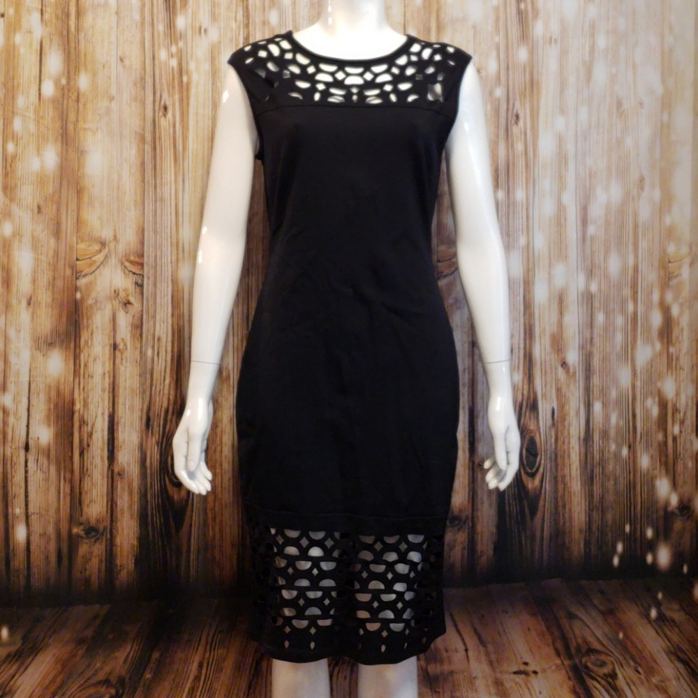 Mystic Black Lazer Cut Form Fitting Midi Dress - Gem